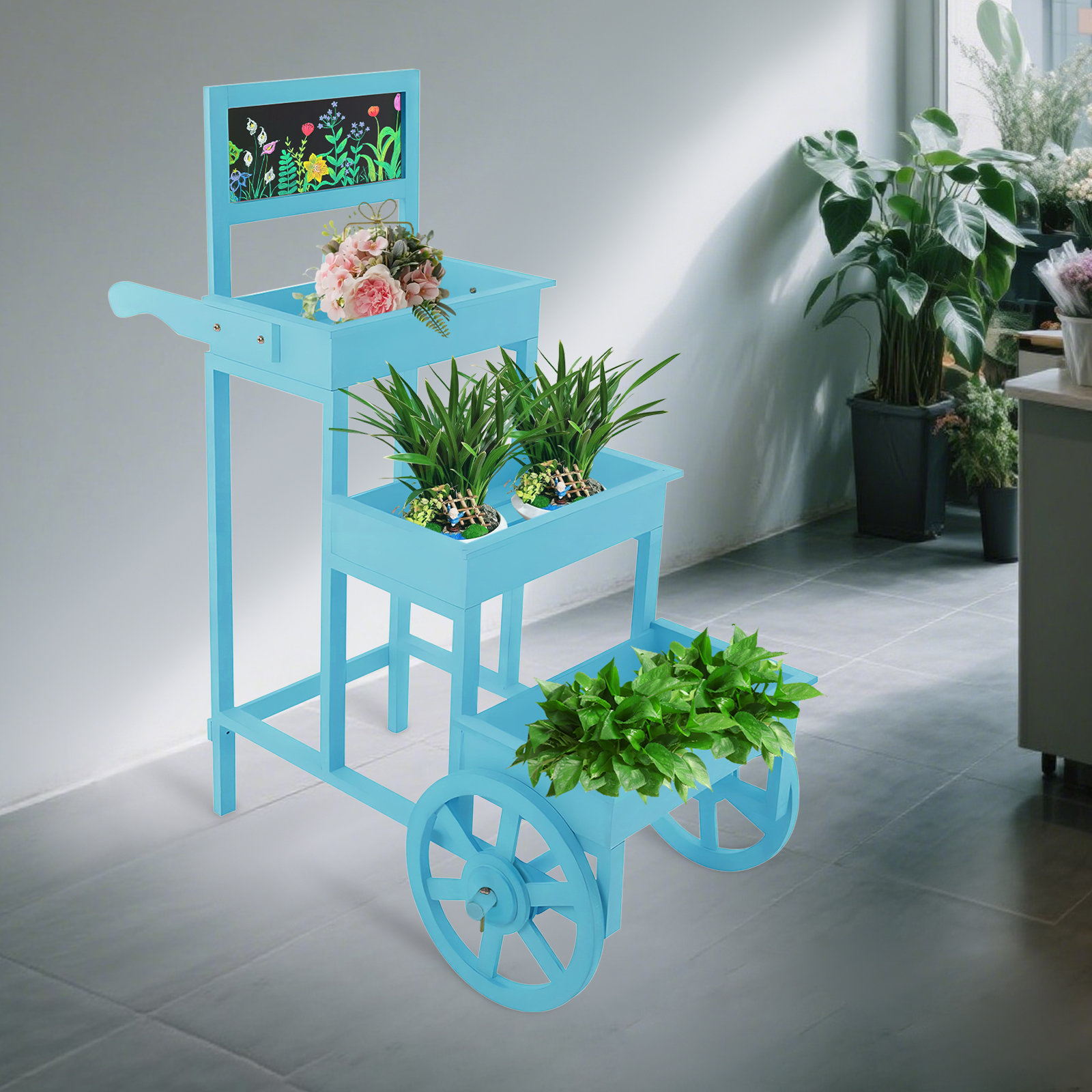 Hokku Designs 3-Tiered Flower Cart Display Stand With Wheels, Plant Flower Rack With Blackboard ...